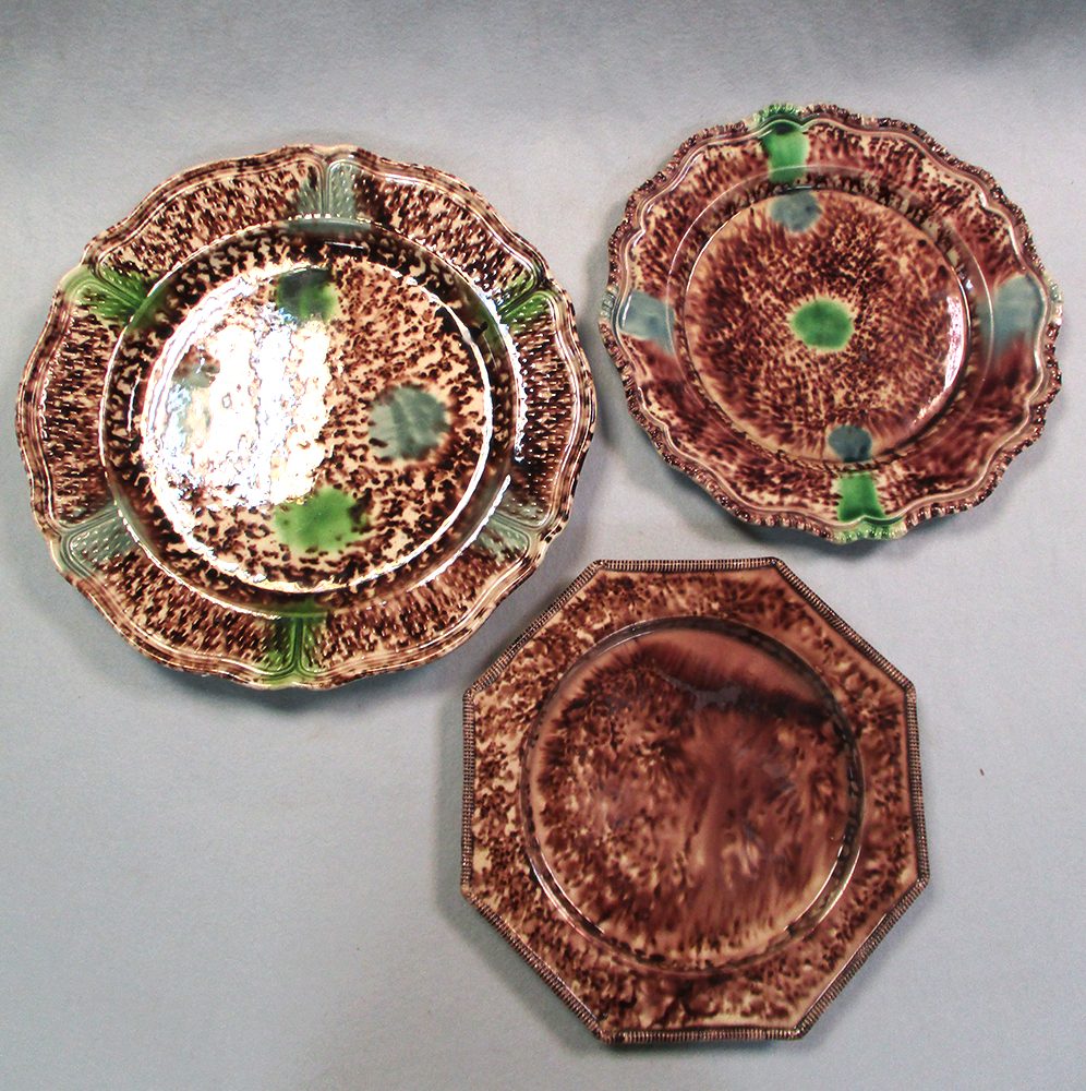 Lot 7 - Three Whieldon ware 'agate' plates, circa 1765,