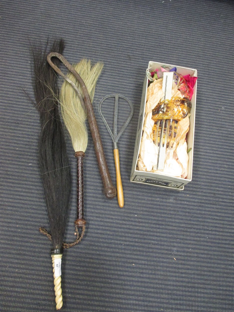 Lot 80 - Two horse hair fly whisks, a leather crop