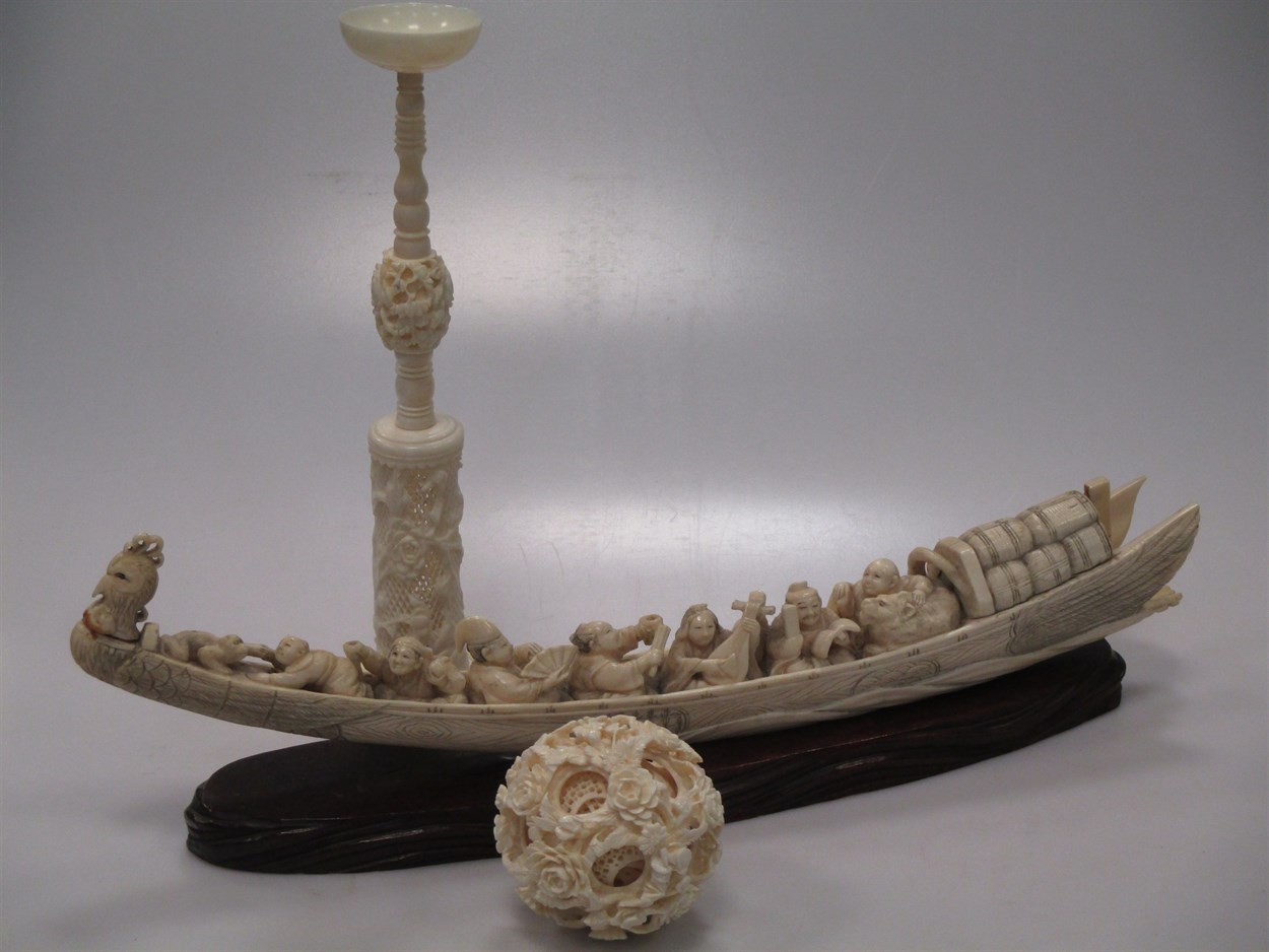 Lot 95 - A Japanese ivory boat and a Japanese ivory