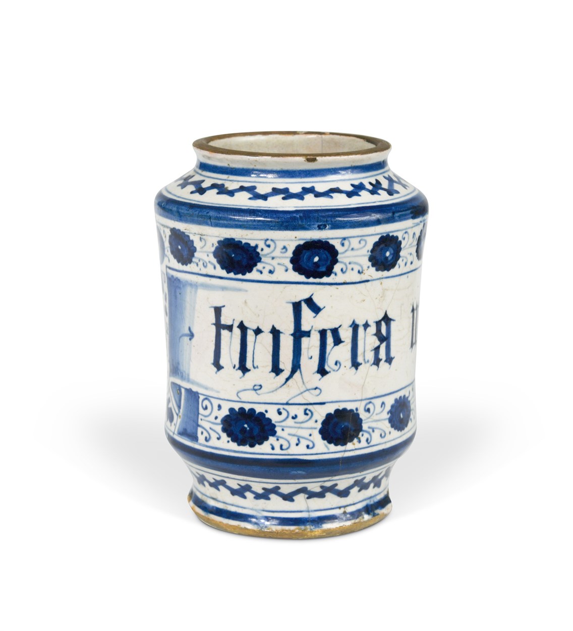 Lot 53 - A Faenza blue and white albarello, circa 1520,