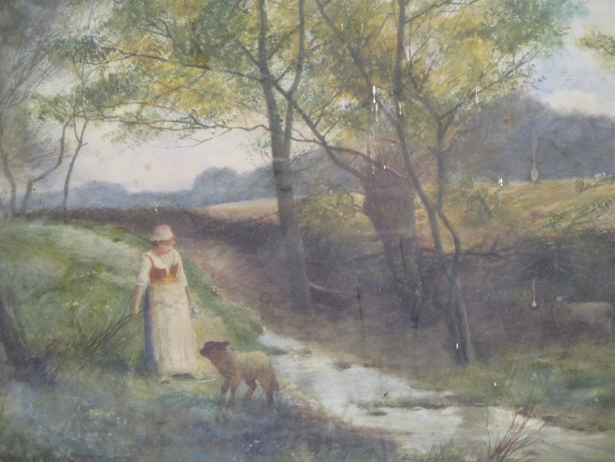 Lot 336 - FREDERICK HINES A shepherdess and sheep by a