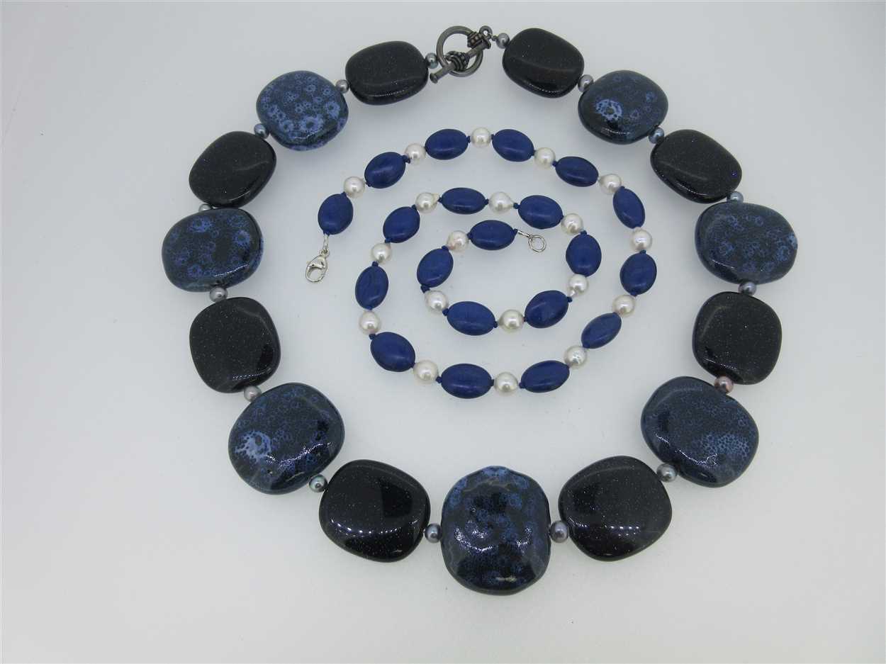 Lot 61 - Two cultured pearl and blue hardstone