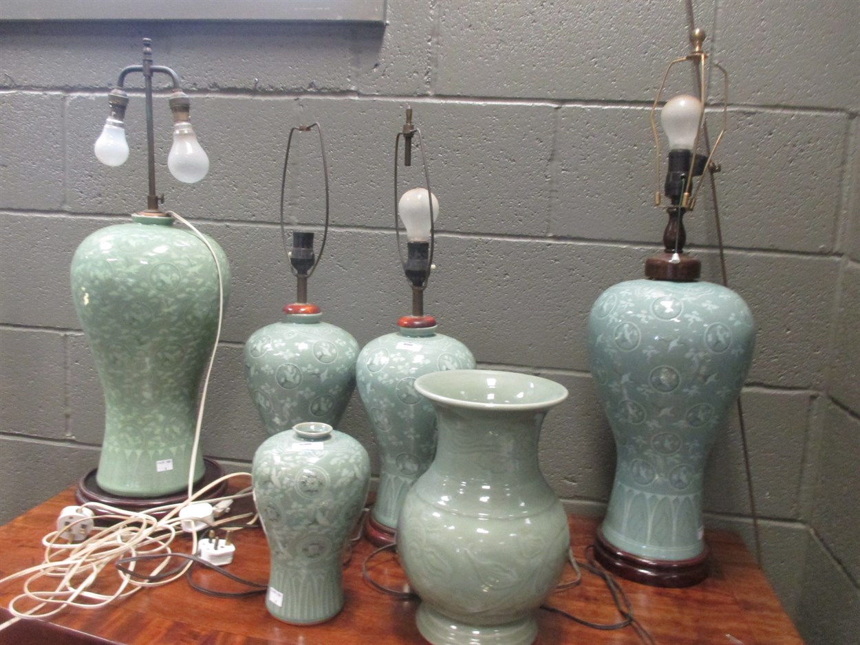 Lot 290 - Five Chinese celadon vases decorated with