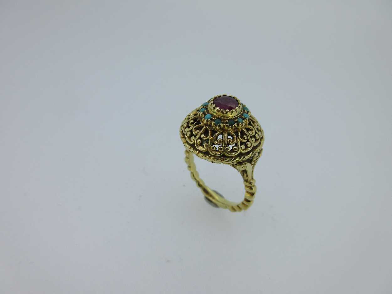 Lot 33 - An Eastern style ruby and turquoise ring,