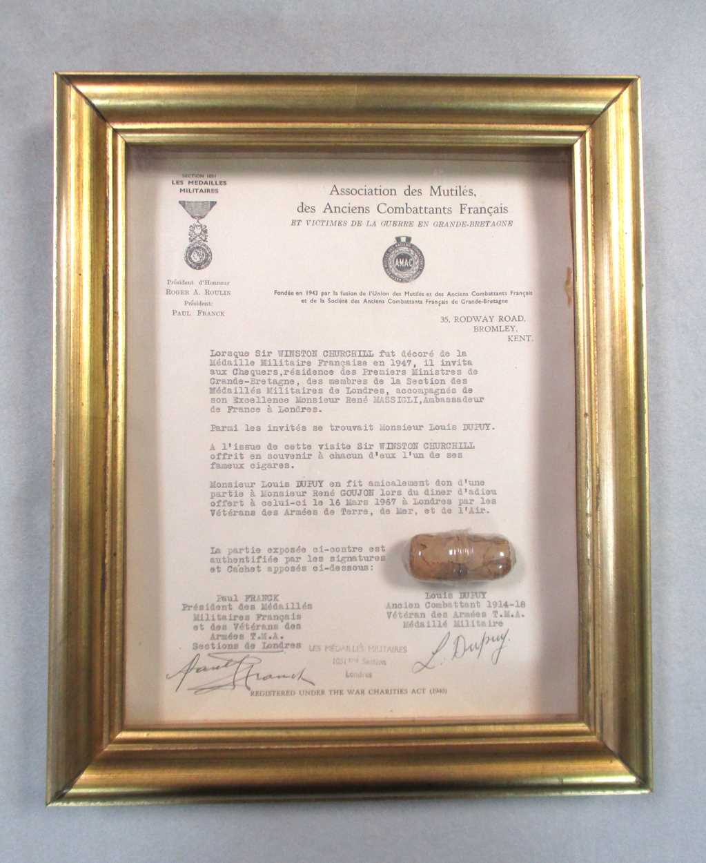 Lot 207 - A framed Sir Winston Churchill cigar stub,