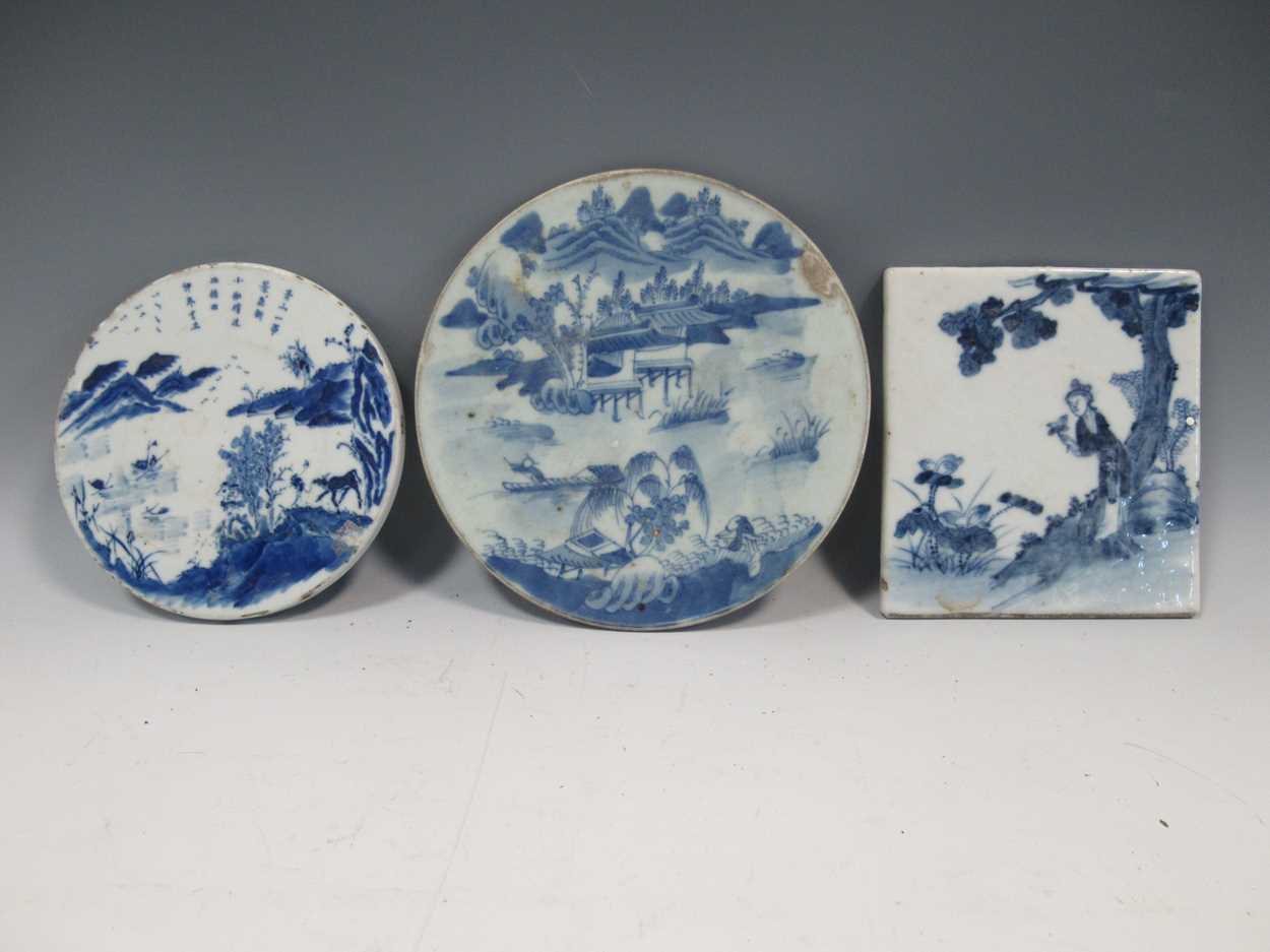 Lot 37 - 3 Chinese porcelain blue and white tiles