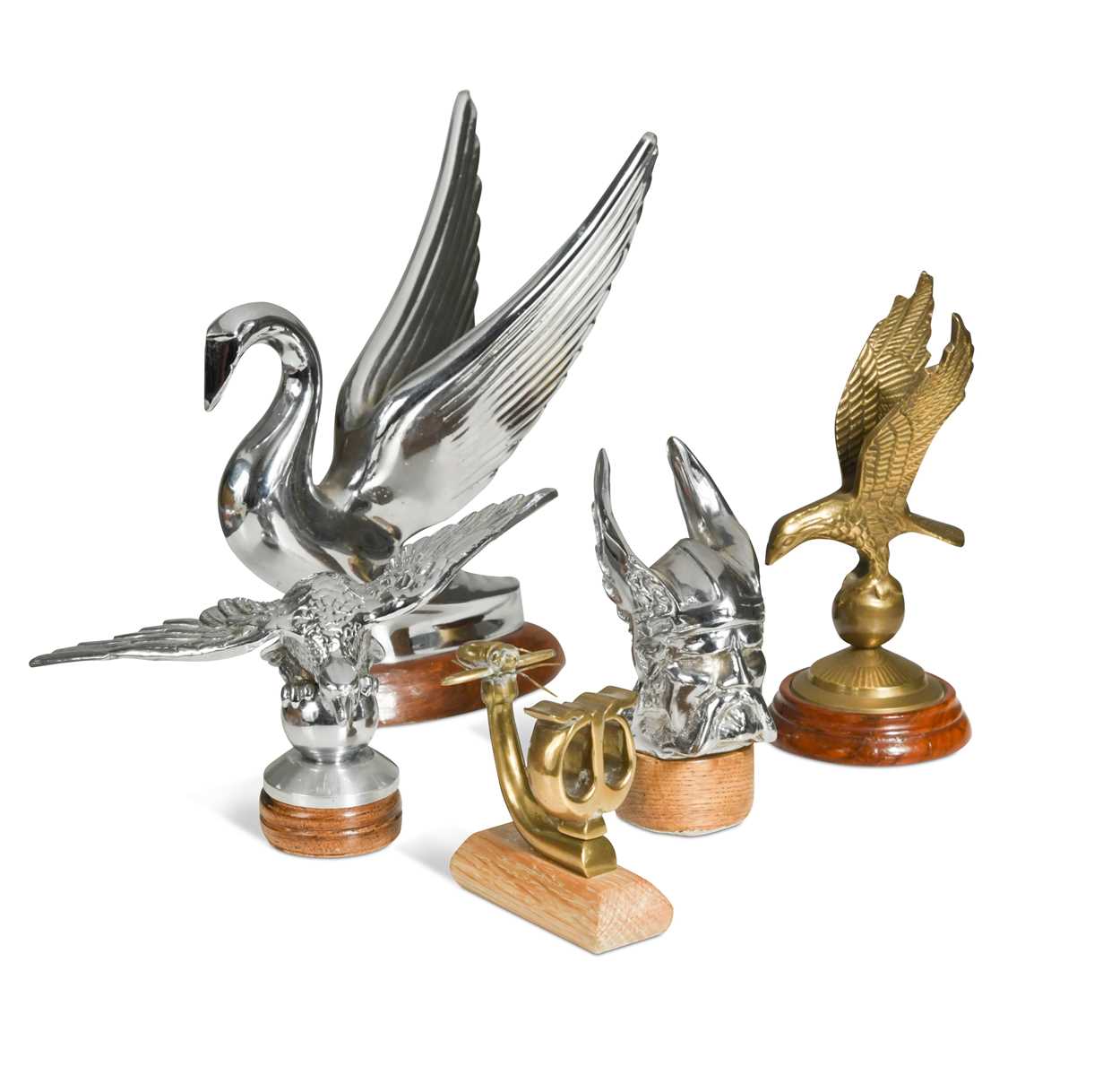 Lot 122 - A group of five brass and chrome car mascots,
