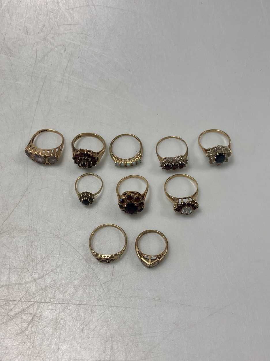 Lot 152 - Ten hallmarked 9ct gold stone set rings,