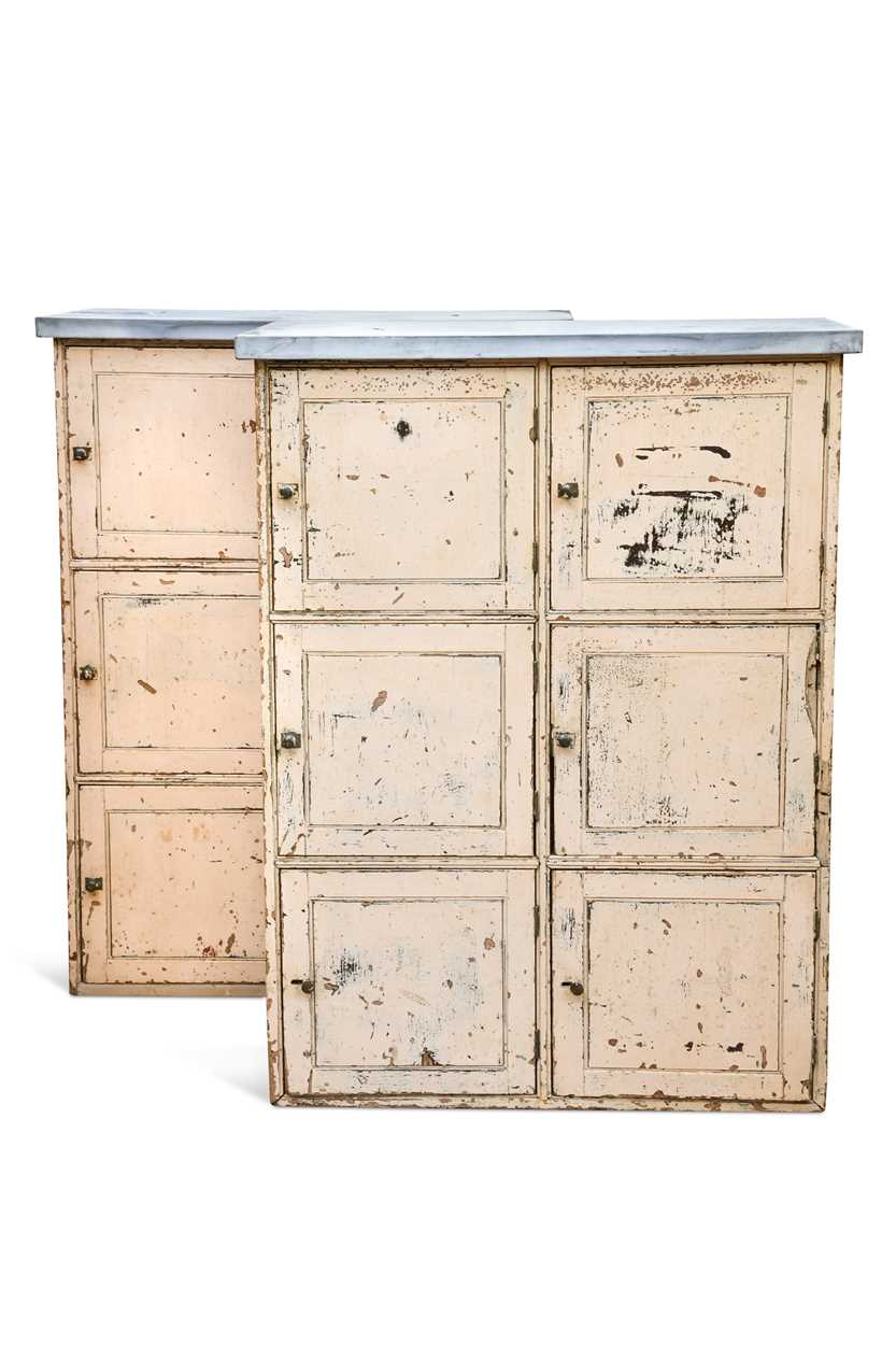 Lot 494 - A pair of painted pine zinc top cabinets,