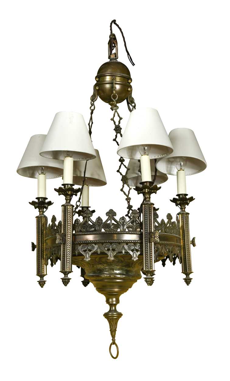 Lot 135 - A Puginesque bronze six lamp hanging ceiling