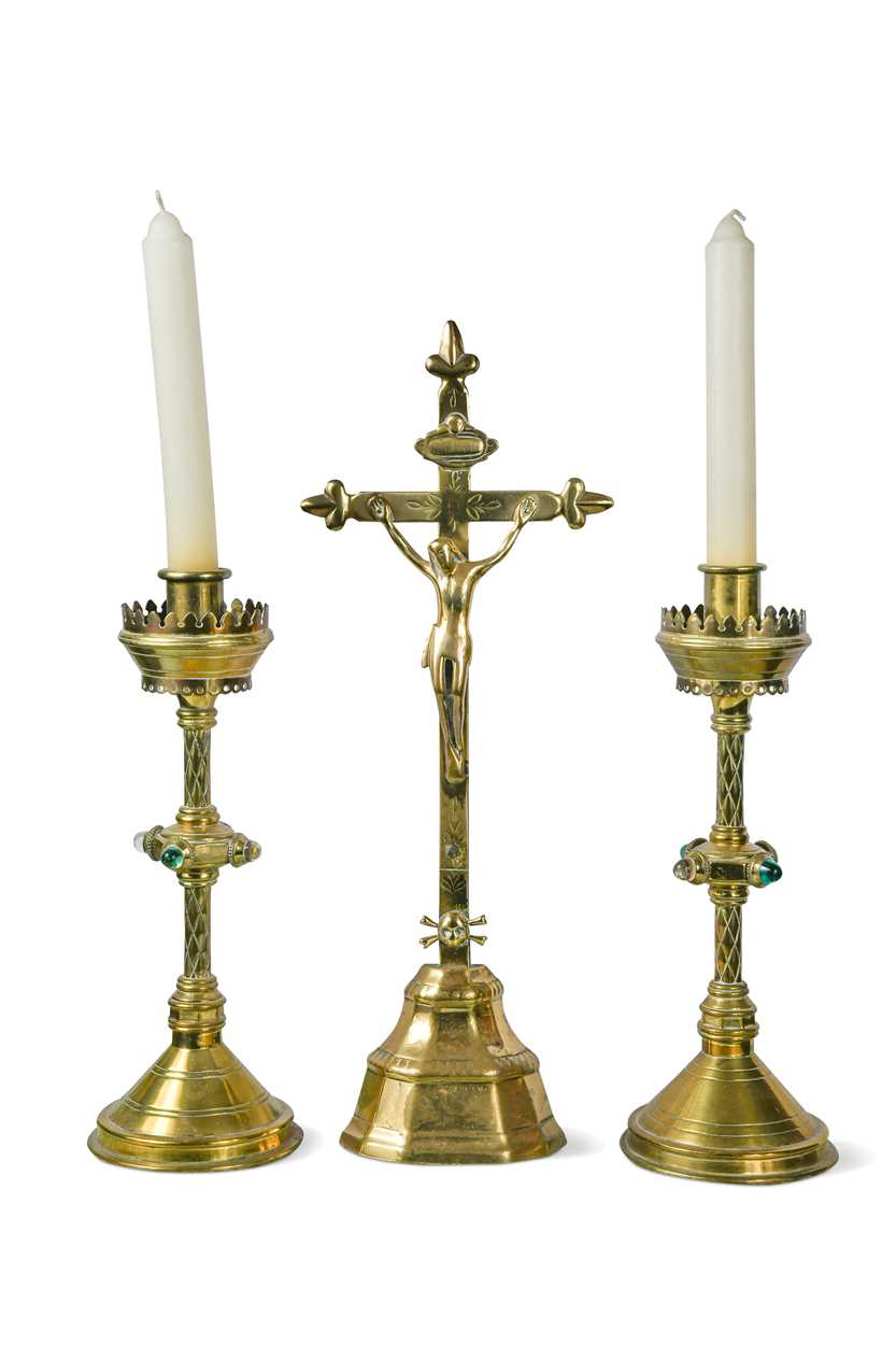 Lot 137 - A pair of Victorian brass Reformed Gothic