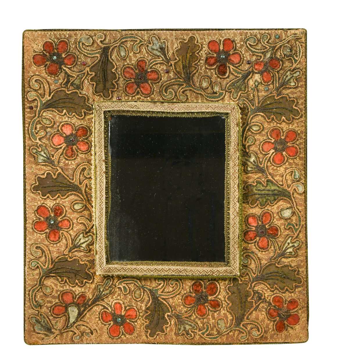 Lot 35 - A rectangular tapestry covered wall mirror,