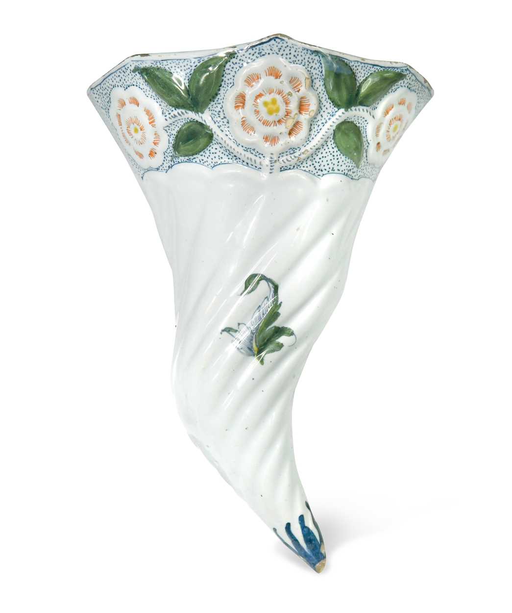 Lot 396 - A Delft cornucopia wall pocket,