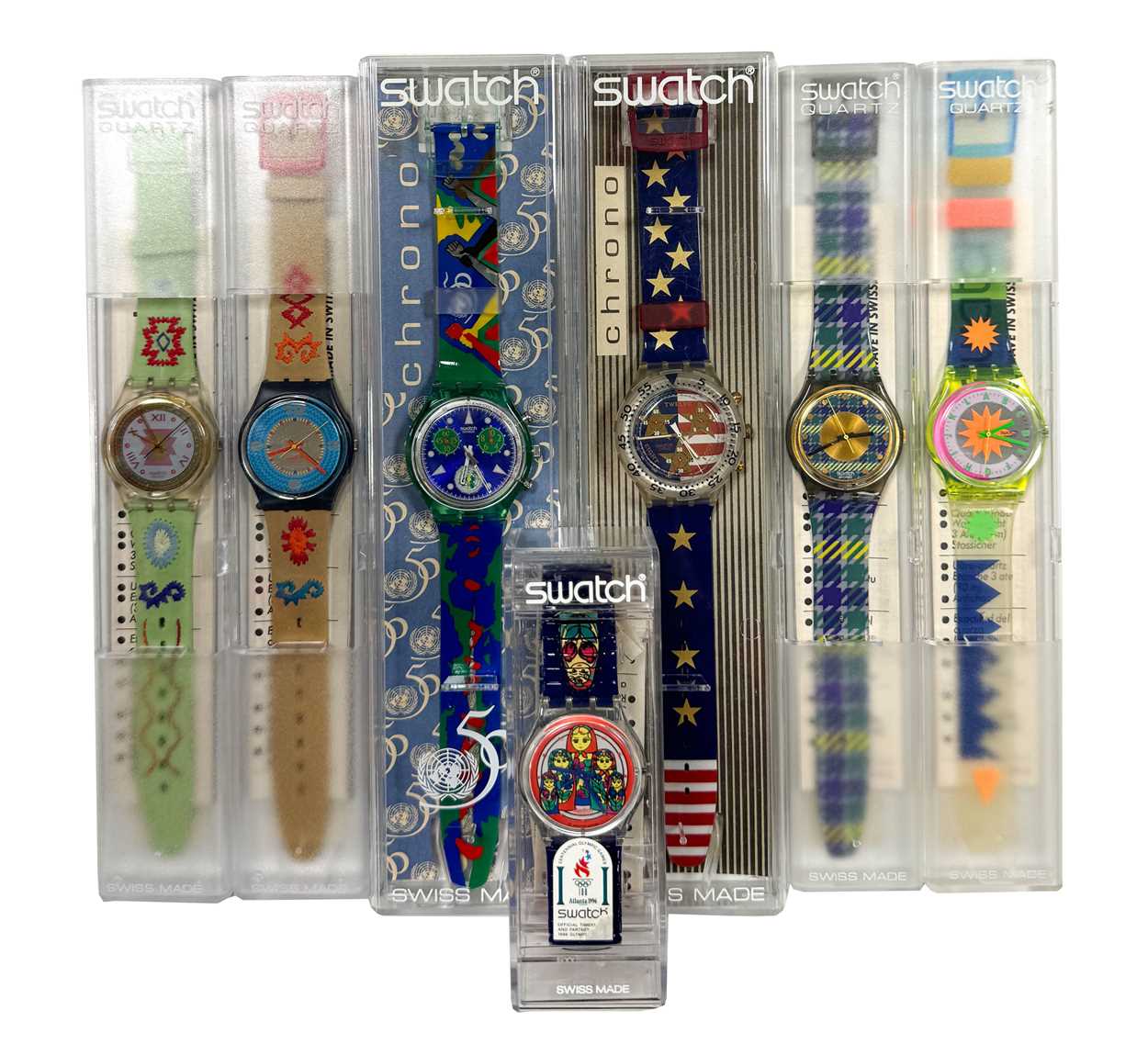 Lot 201 - A group of seven Swatch watches,