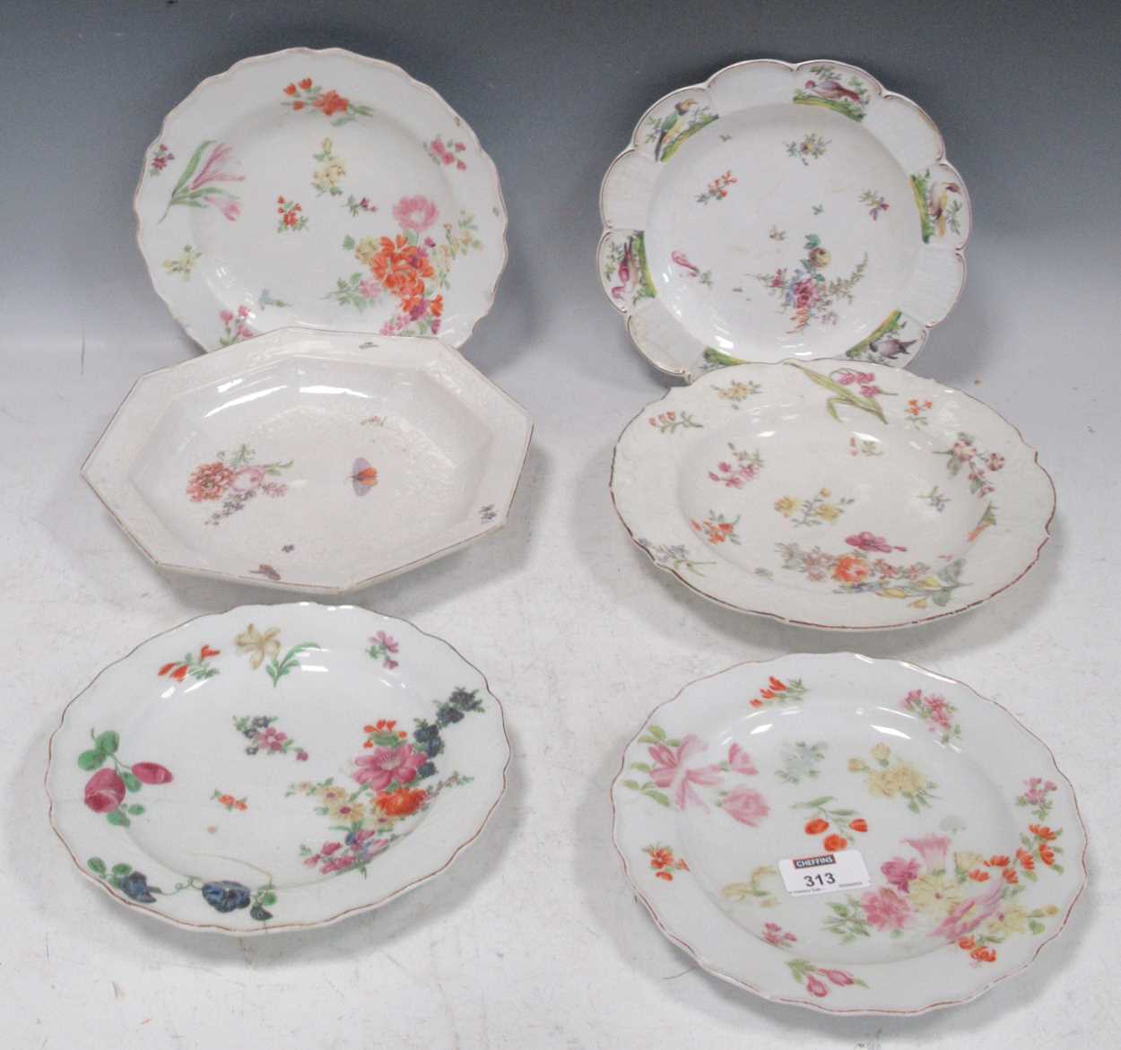 Lot 313 - A group of six Chelsea plates, all with some