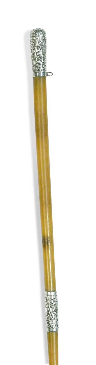 Lot 47 - A silver handled and rhino horn riding crop,