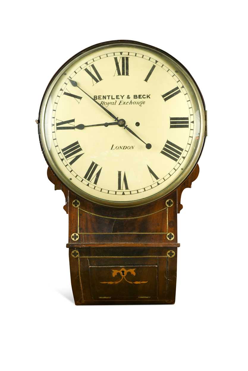 Lot 414 - A mahogany and brass inlaid drop dial wall
