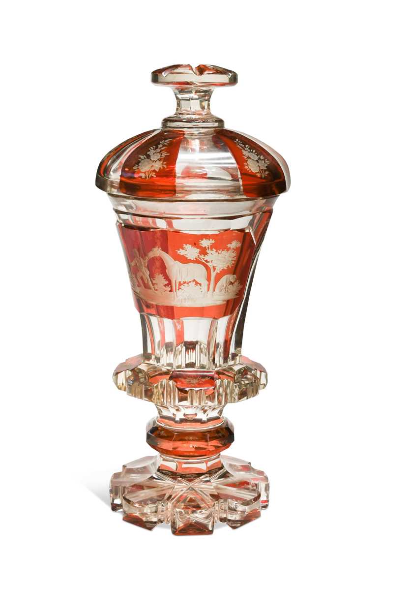 Lot 334 - A Bohemian ruby flash-cut goblet and cover,