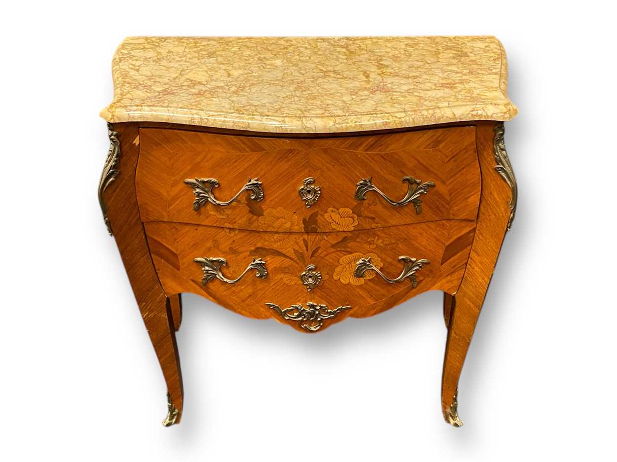 Lot 679 - A Louis XV style marble topped kingwood