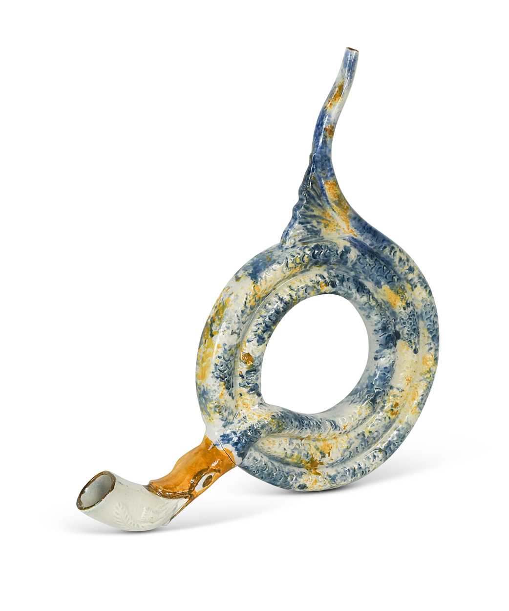 Lot 420 - A Prattware coiled snake tobacco pipe, circa