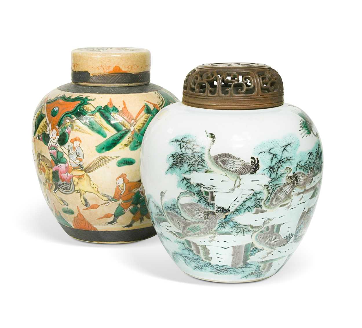 Lot 117 - Two Chinese ginger jars and covers, 27cm and
