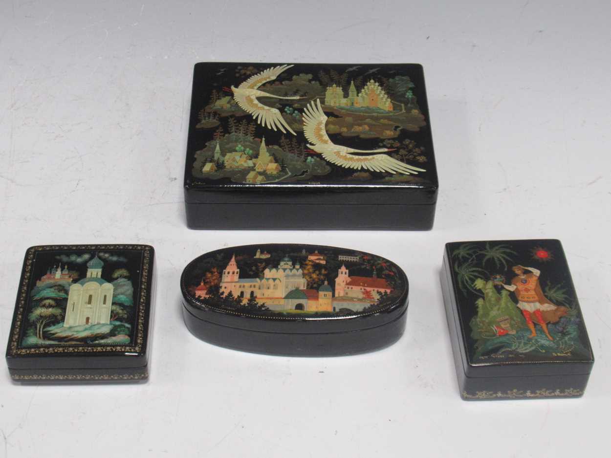 Lot 160 - Four Russian lacquer boxes of various shapes