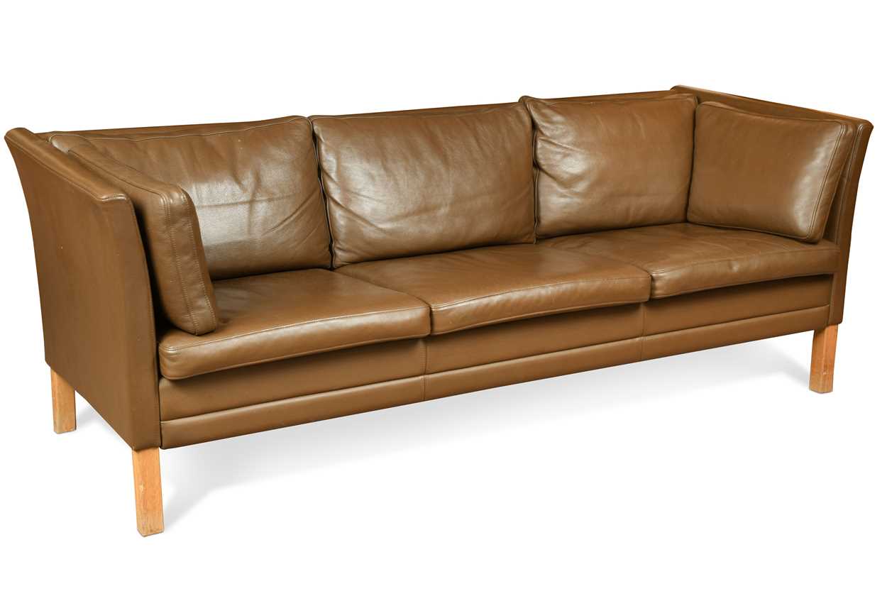 Lot 258 - A modern brown leather three-seat sofa,