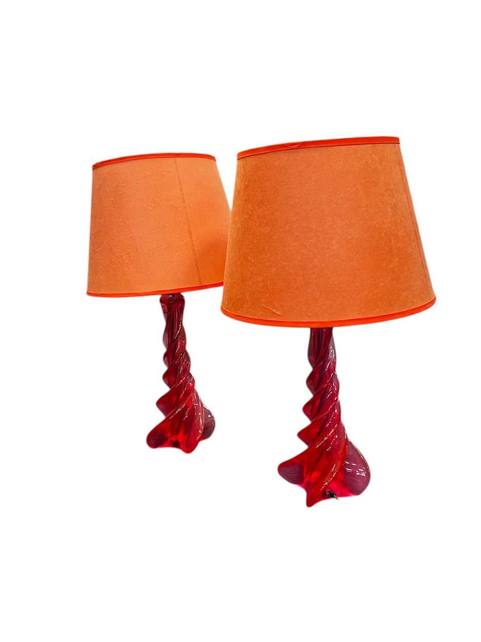Lot 682 - A pair of modern pink lamps, retailed by
